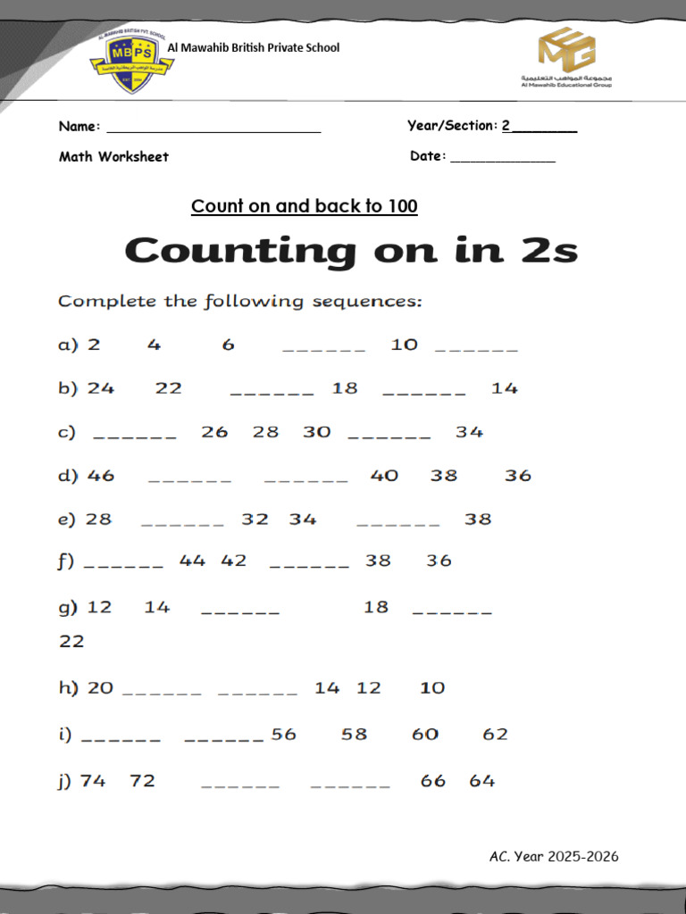 Woksheet 3 - Count On and Back To 100 | PDF