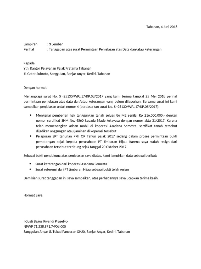 Surat Tanggapan Kantor Pajak Tabanan | PDF