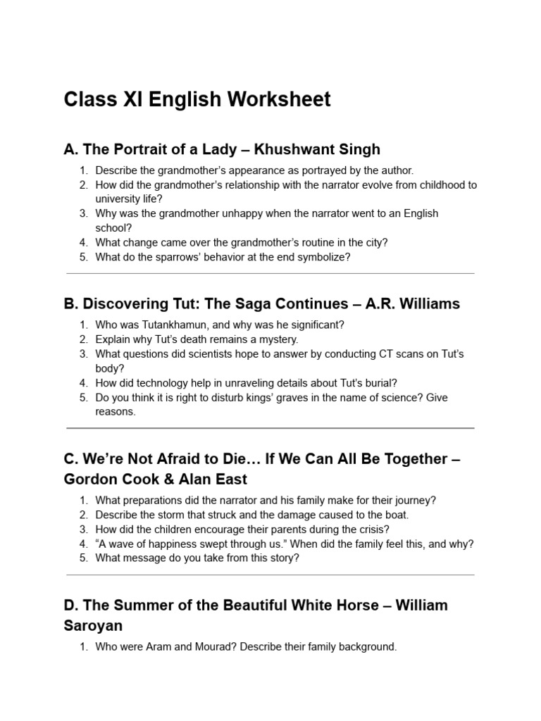Class XI English Worksheet | PDF