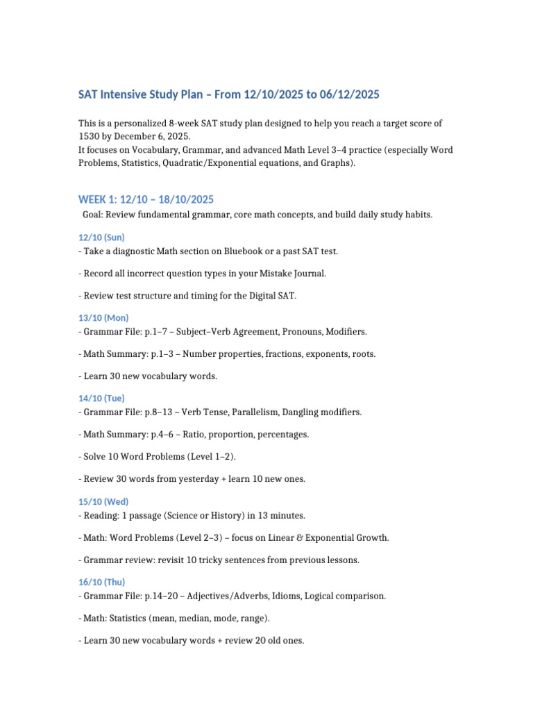 8-Week SAT Study Plan for 1530 Score | PDF | Sat | Mathematics