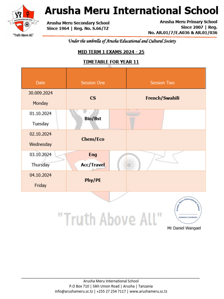 Year 11 Midterm 1 Exam Timetable | PDF