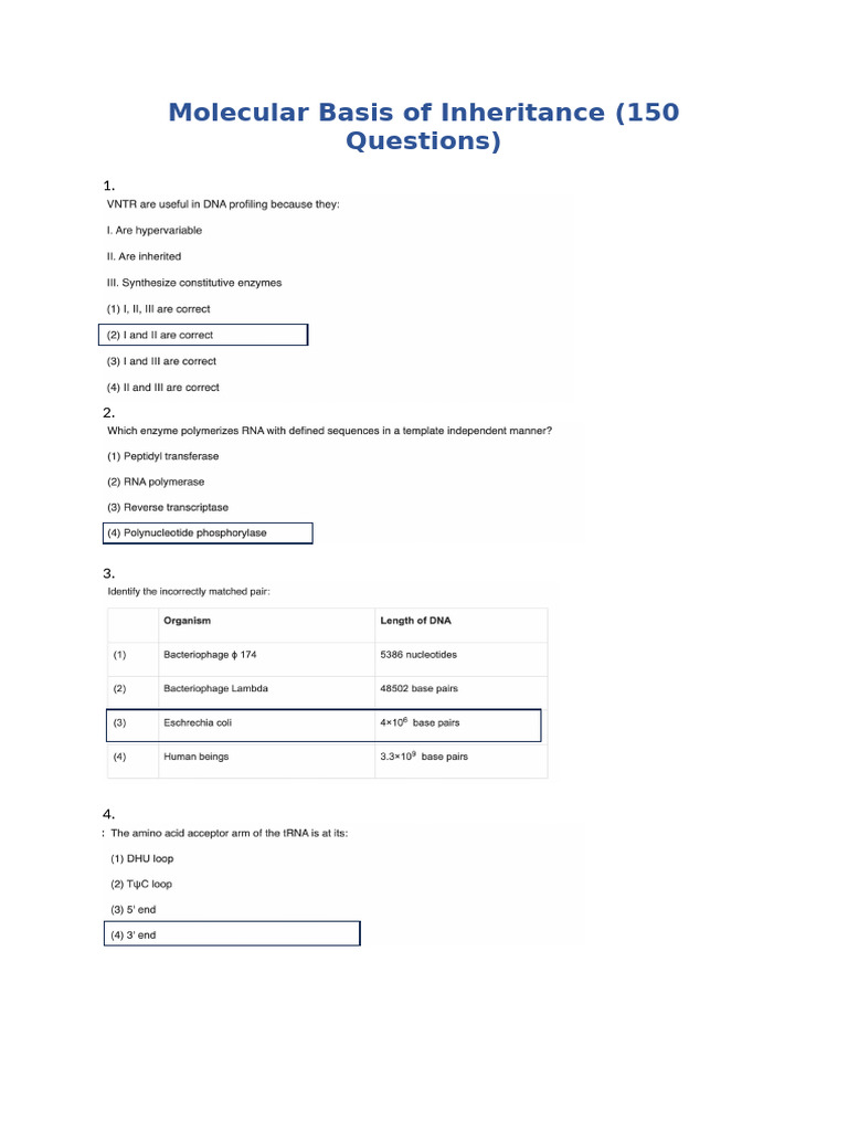 Molecular Basis of Inheritance 50 Questions | PDF