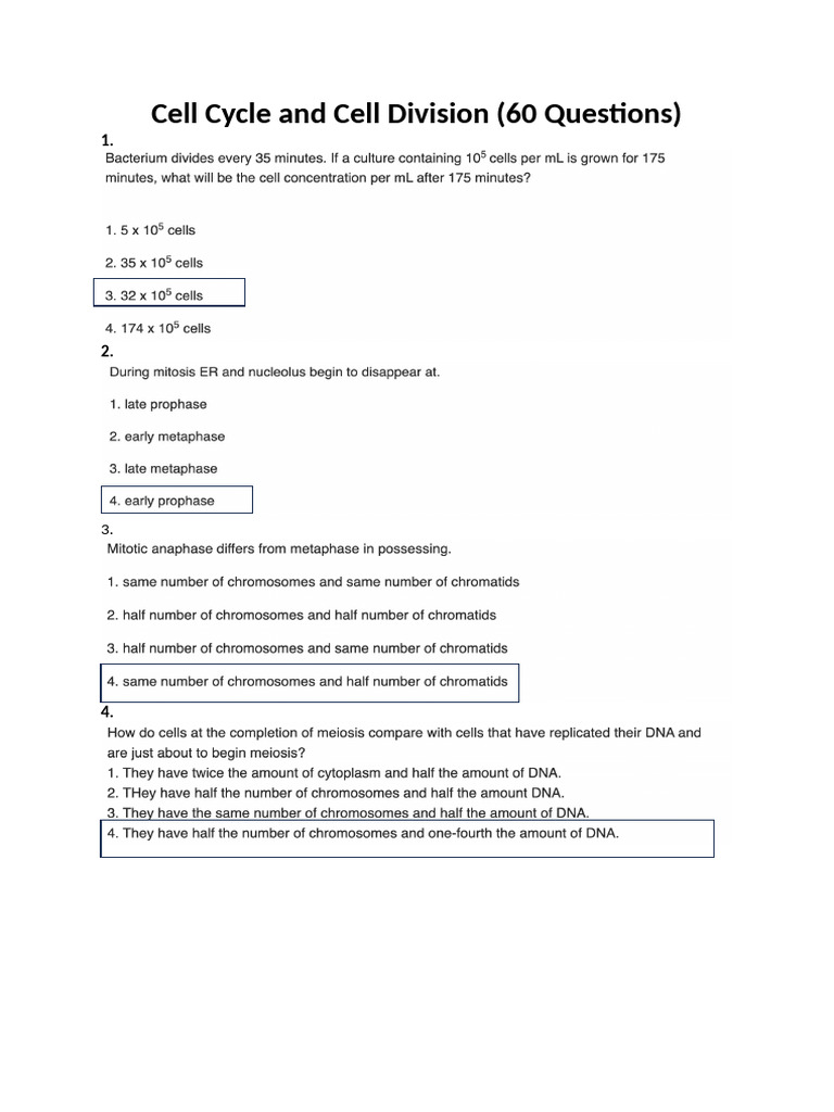 Cell Cycle and Cell Division Questions | PDF | Meiosis | Mitosis