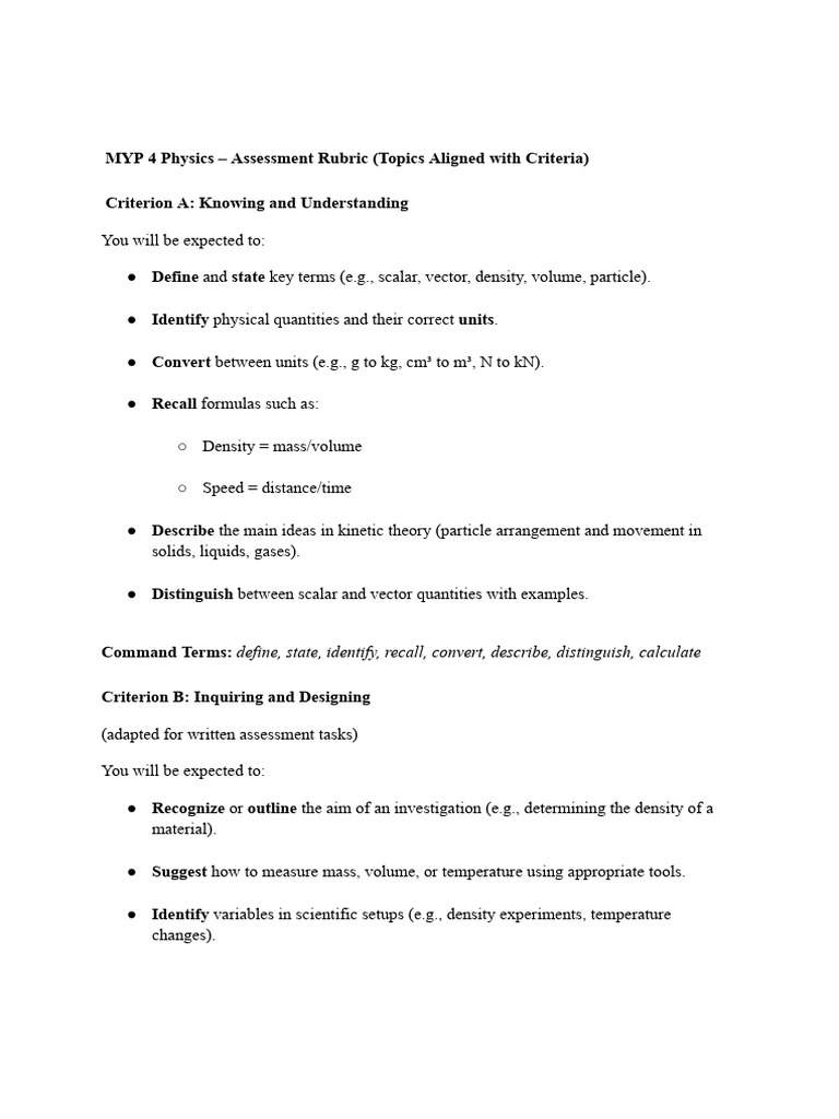 MYP 4 Physics Assessment Rubric Guide | PDF | Density | Temperature