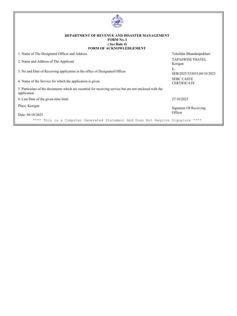 Department of Revenue and Disaster Management Form No. I (See Rule 4 ...