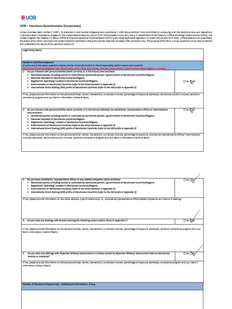 UOB Sanctions Questionnaire for Corporates | PDF | Capacitor ...