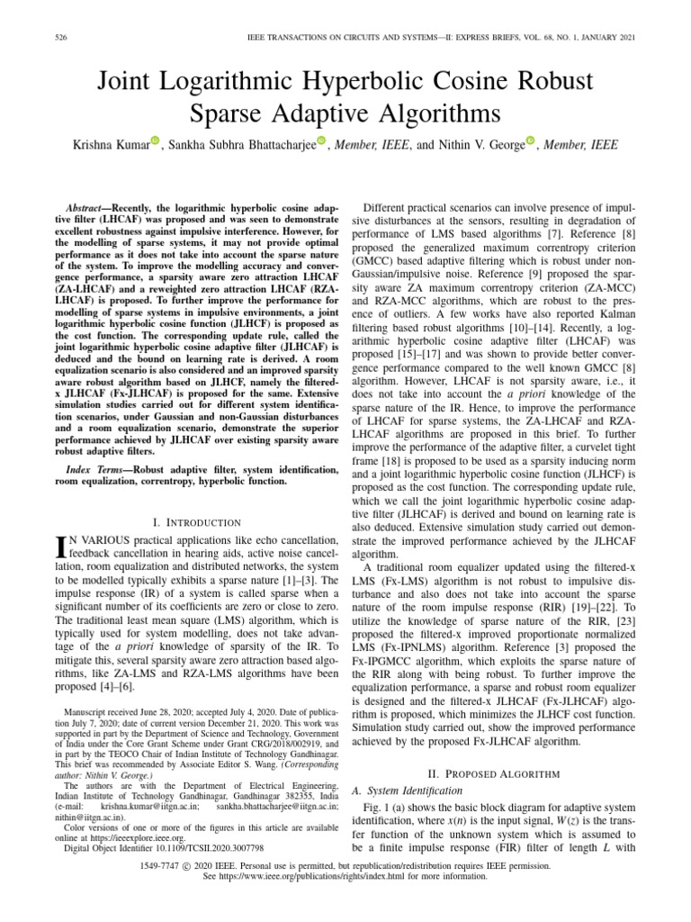 Joint Logarithmic Hyperbolic Cosine Robust Sparse Adaptive Algorithms | PDF | Algorithms ...