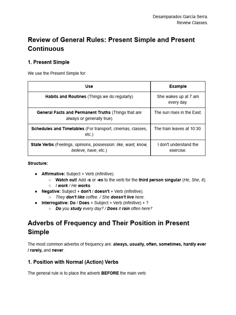 Review of General Rules - Present Simple and Present Continuous | PDF ...