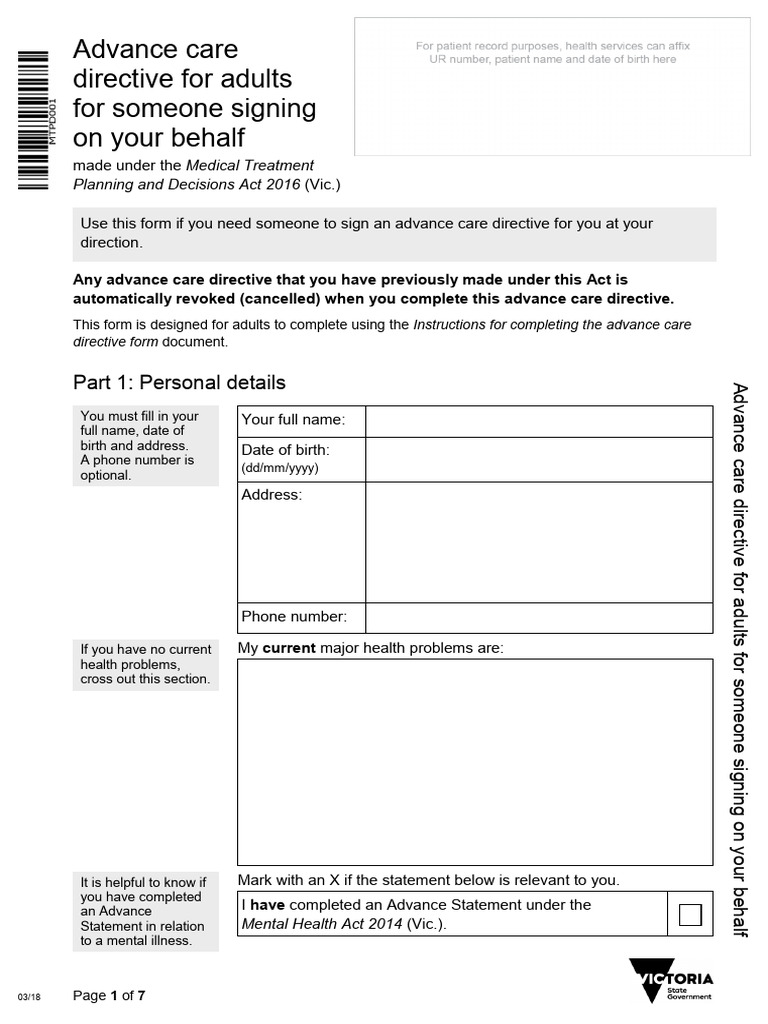 Advance Care Directive For Adults For Someone Signing On Your Behalf ...