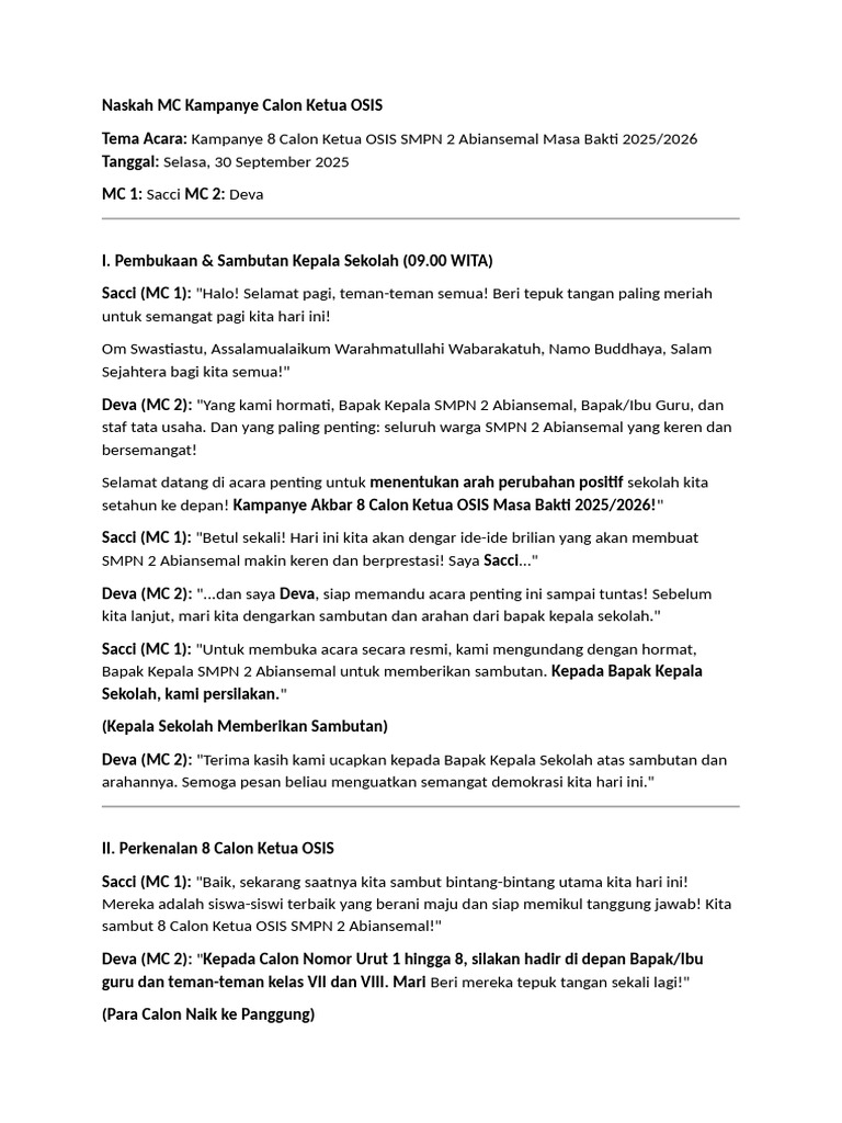 Naskah MC Kampanye Calon Ketua OSIS | PDF