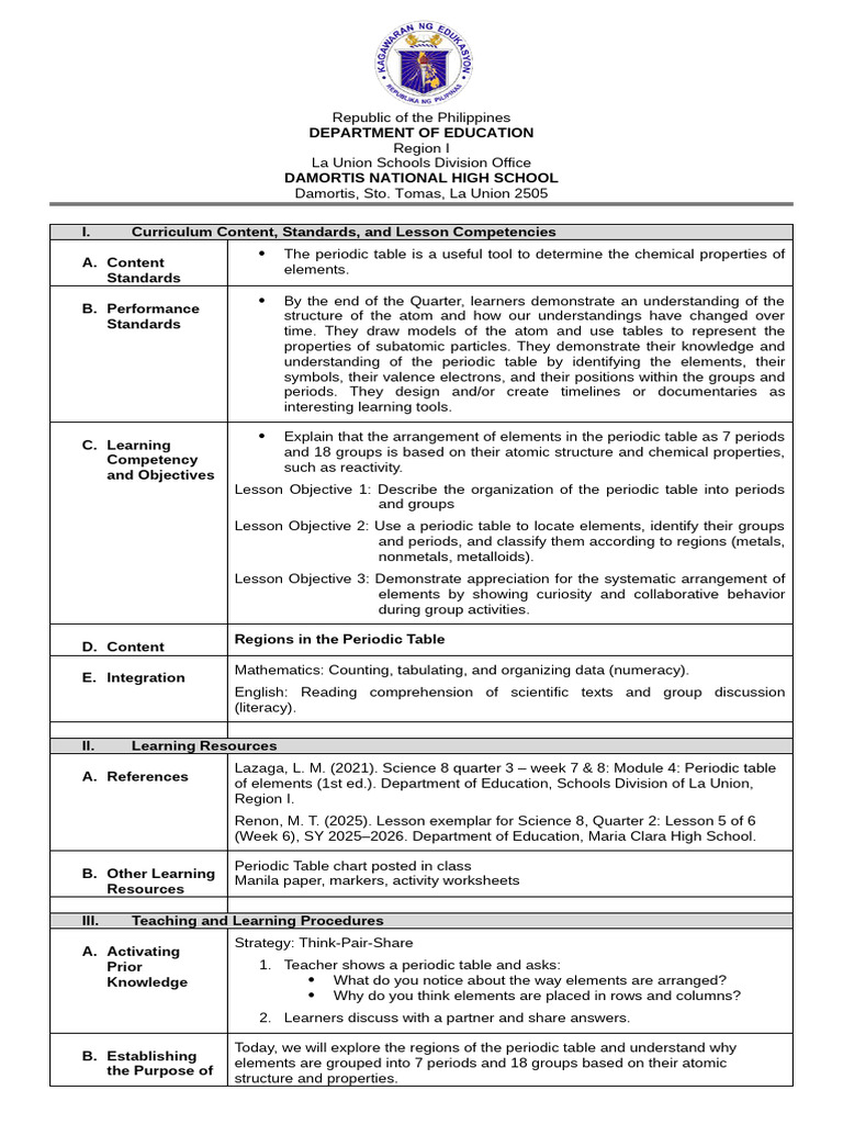 Lesson Plan_Periodic Table | PDF | Periodic Table | Chemical Elements