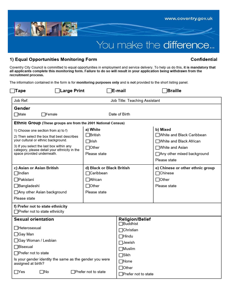 Equal Opportunities Monitoring Form | PDF | Disability | Recruitment