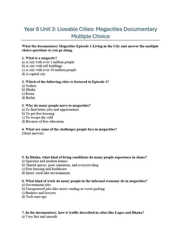 Year 8 Unit 3 - Megacities Multuple Choice | PDF