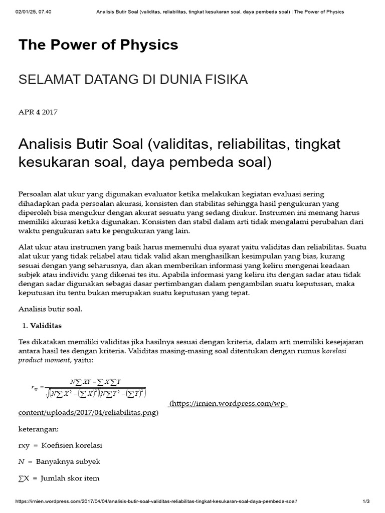 Analisis Butir Soal (Validitas, Reliabilitas, Tingkat Kesukaran Soal ...