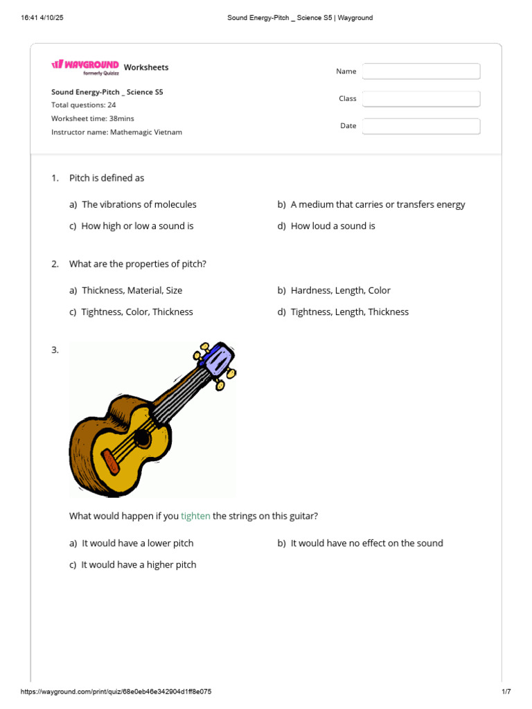 Sound Energy and Pitch Worksheet S5 | PDF | String Instruments | Pitch ...