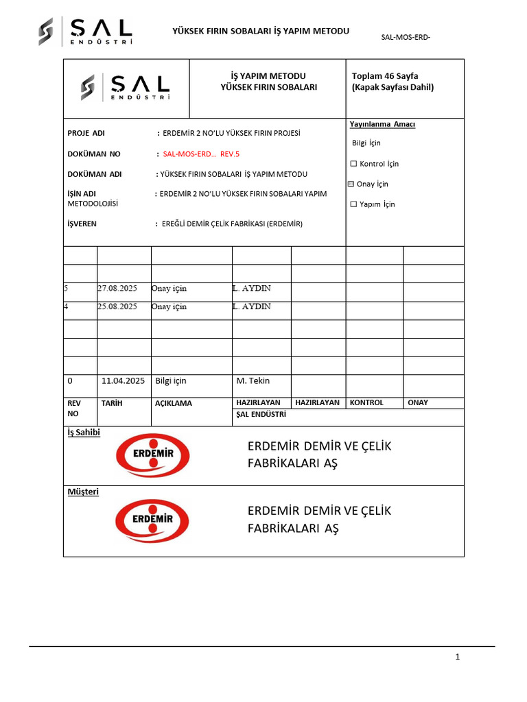 Erdemi̇r Yeni̇ 2 No'lu Yüksek Firin Sobalari Yapim Metodoloji̇si̇-Rev05 | PDF