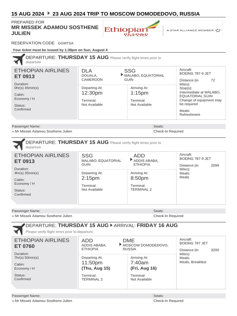 Travel Reservation August 15 For MR Missek Adamou Sosthene Julien | PDF ...