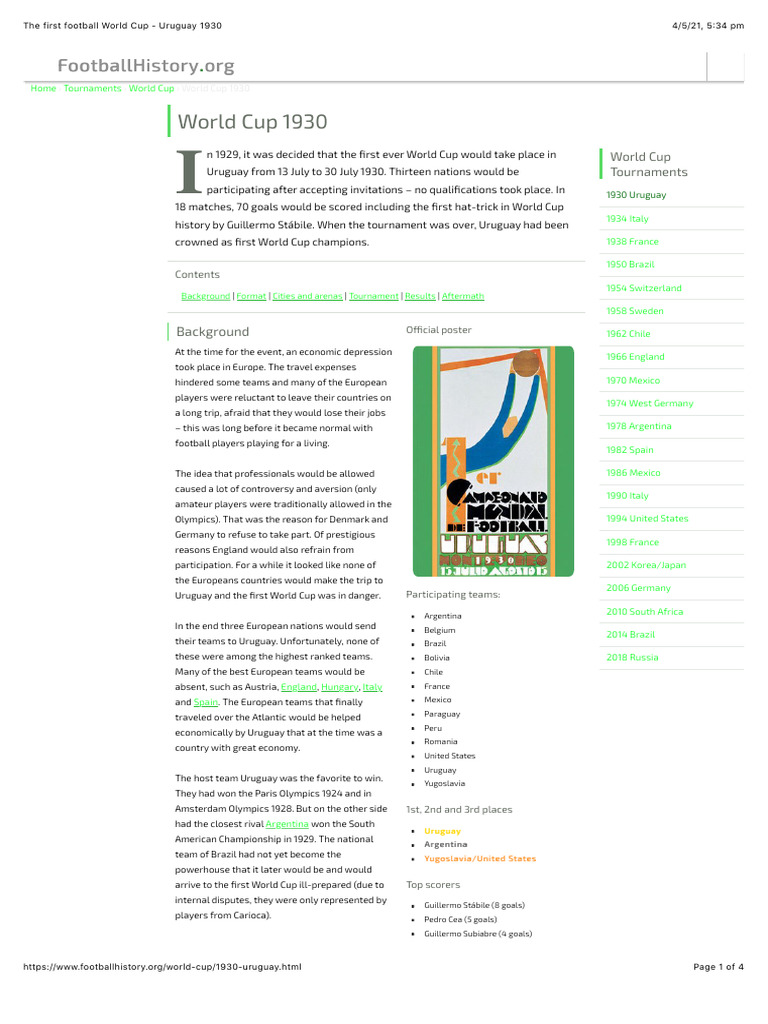 The First Football World Cup - Uruguay 1930 | PDF | National ...