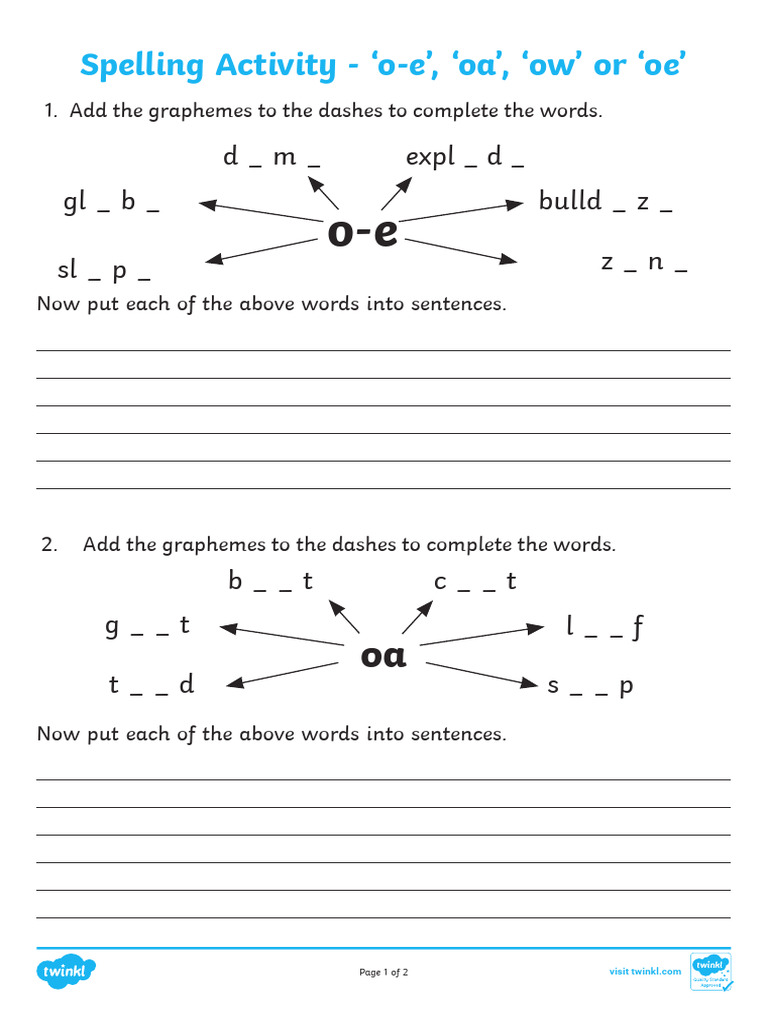 T L 9902 Spelling Activity Oe Oa Ow or Oe Words Ver 4 | PDF