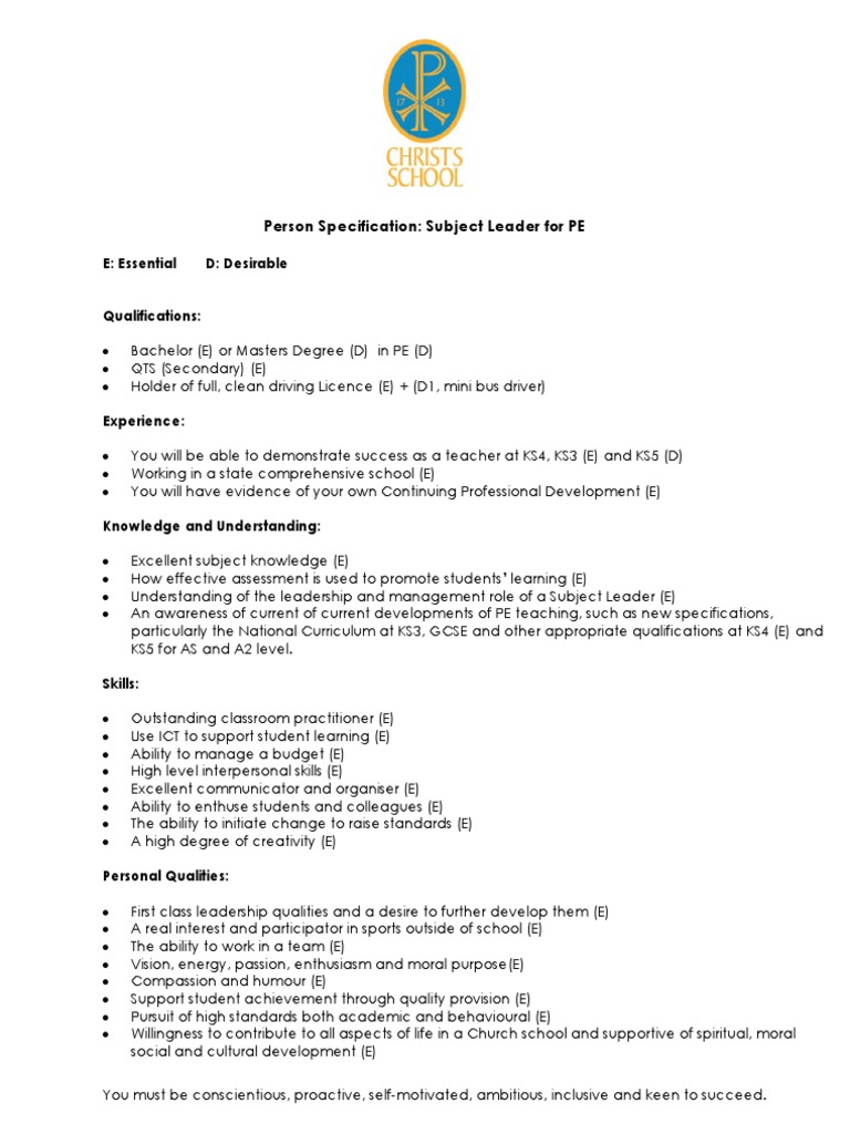 Subject Leader For PE | PDF