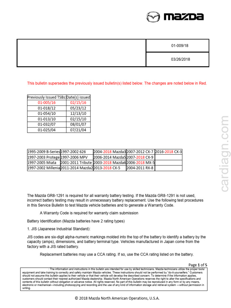 Mazda GR8-1291 Battery Test Procedures | PDF