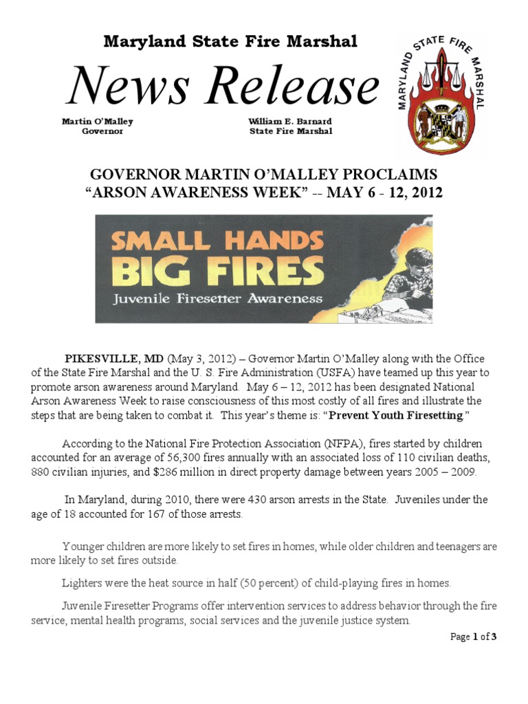 2012-05-03 Statewide Arson Awareness Week | PDF | Marshal | Maryland