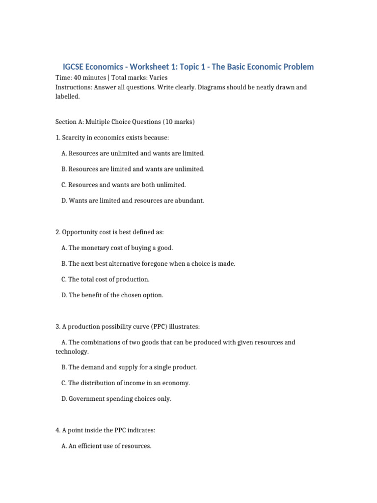IGCSE Econ Worksheet 1 Topic 1 The Basic Economic Problem | PDF ...