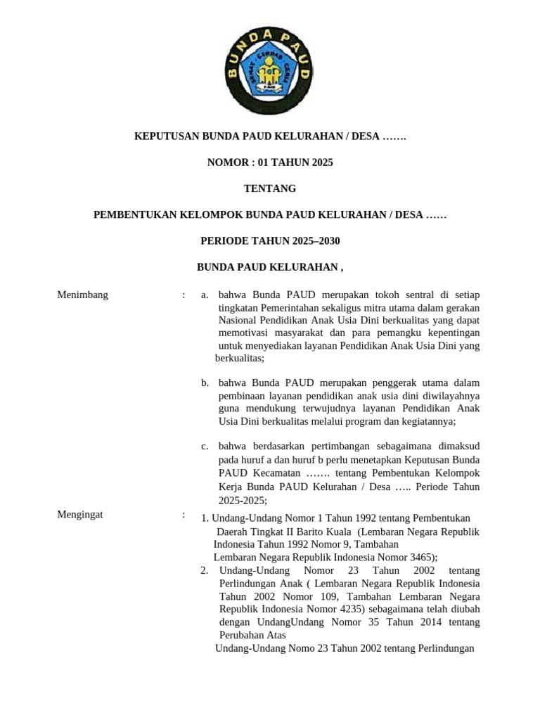 Contoh SK Pokja Bunda PAUD | PDF