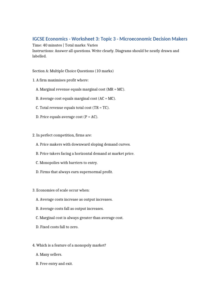 IGCSE Econ Worksheet 3 Topic 3 Microeconomic Decision Makers | PDF ...