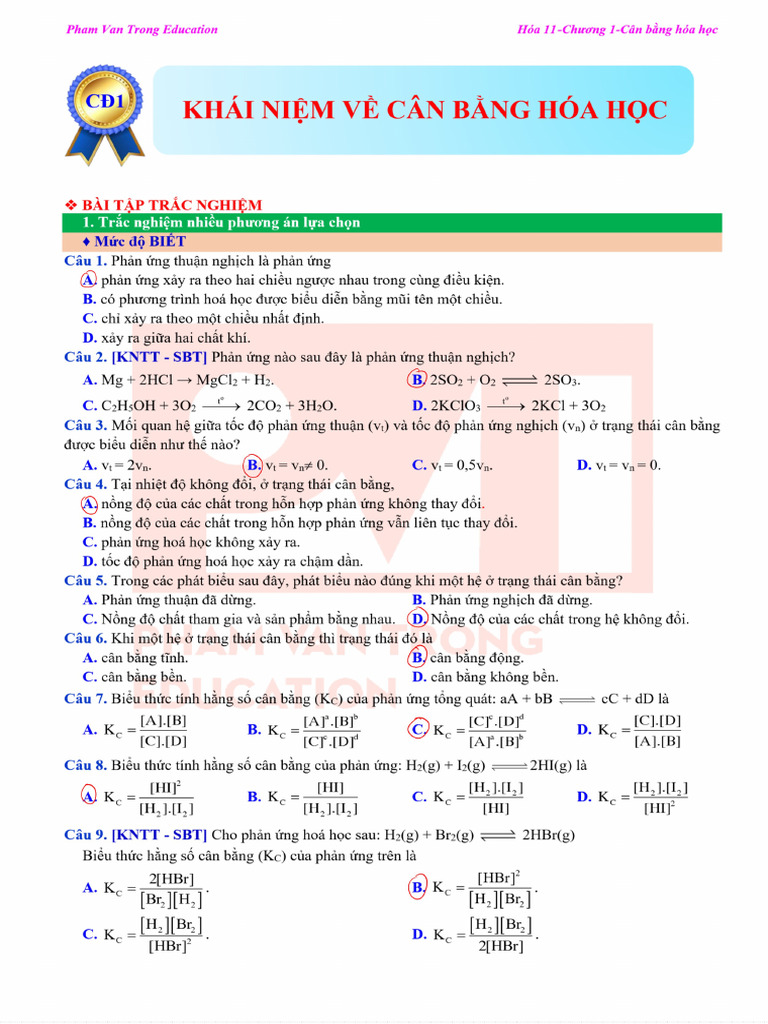 2k9-Xps-đáp Án Phần 1-Trắc Nghiệm-(Tờ 01) Hóa 11-Chương 1-Cân Bằng Hóa ...