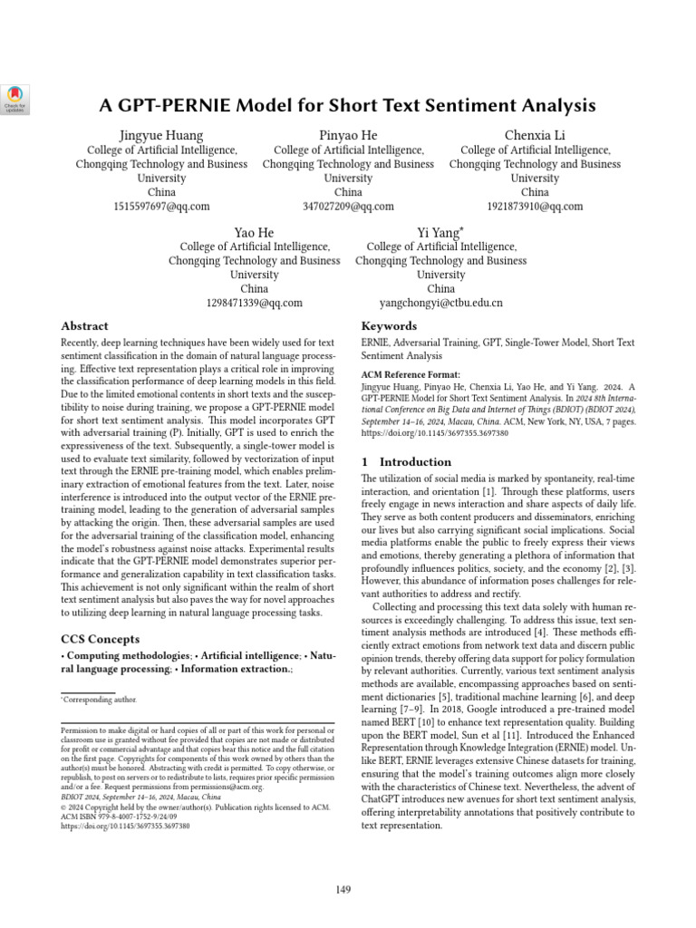 2024-ACM-A GPT-PERNIE Model For Short Text Sentiment Analysis | PDF ...