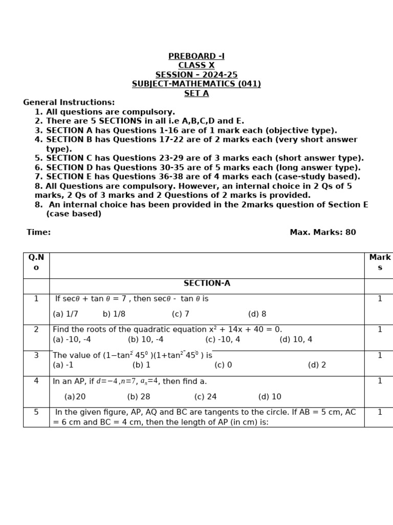 PREBOARD - 1 - CLS X-Set-A (2024-2025) | PDF | Circle | Perpendicular