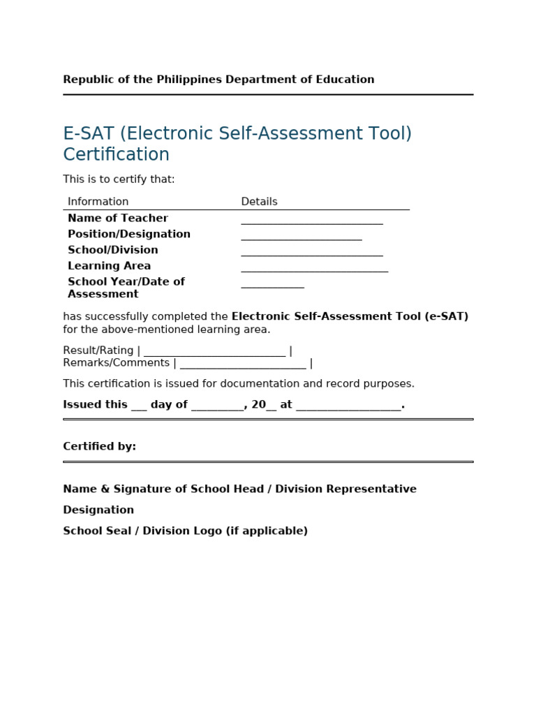 E-SAT Certification Template for Teachers | PDF