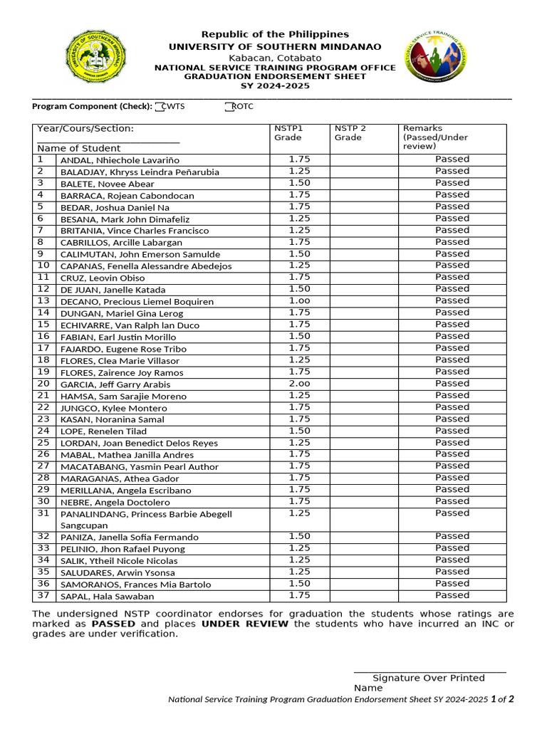 Graduation Endorsement Sheet | PDF