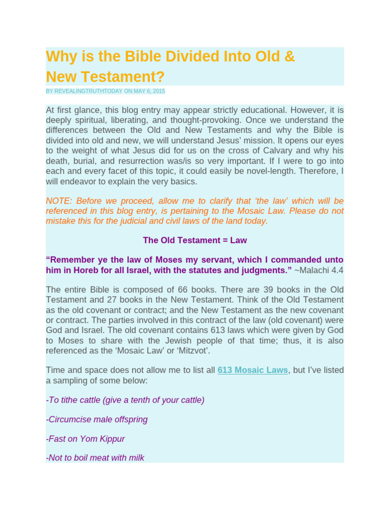 REVEALINGTRUTHTODAY - Why Is The Bible Divided Into Old & New Testament ...