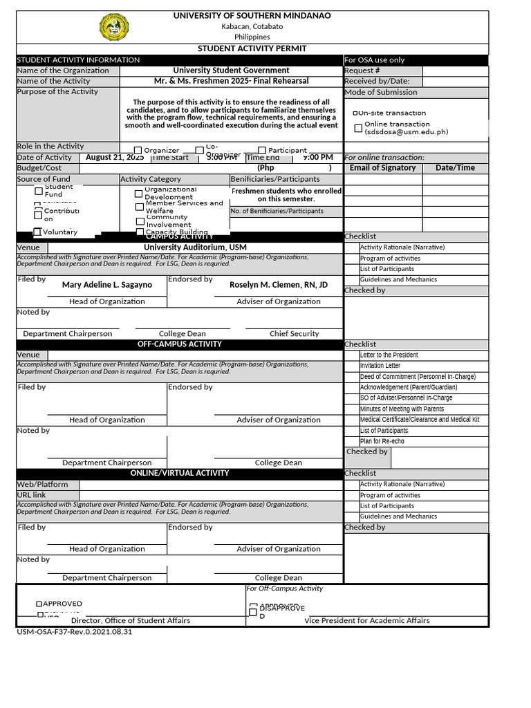 USM Student Activity Permit Form | PDF
