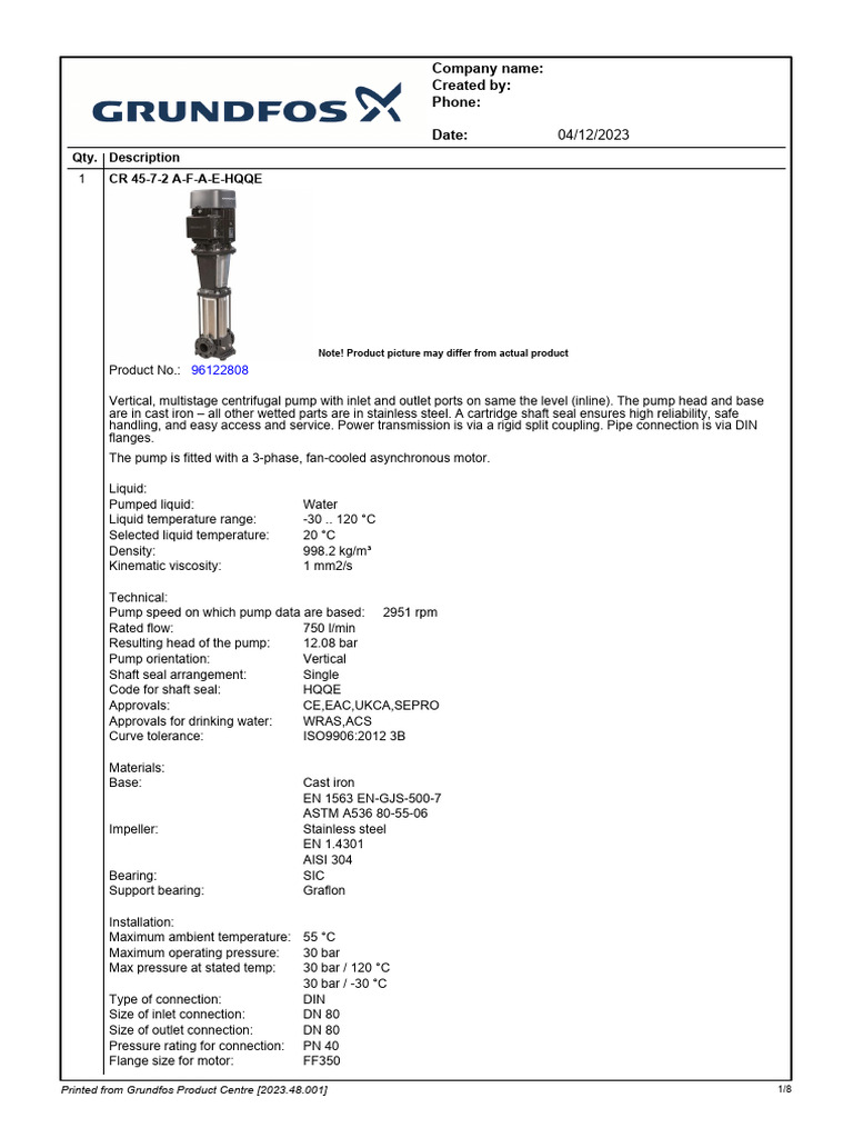 Transfer Vertical Multistage 821 Lpm @ 11,5 Bar (1 Pump) | PDF | Pump | Mains Electricity