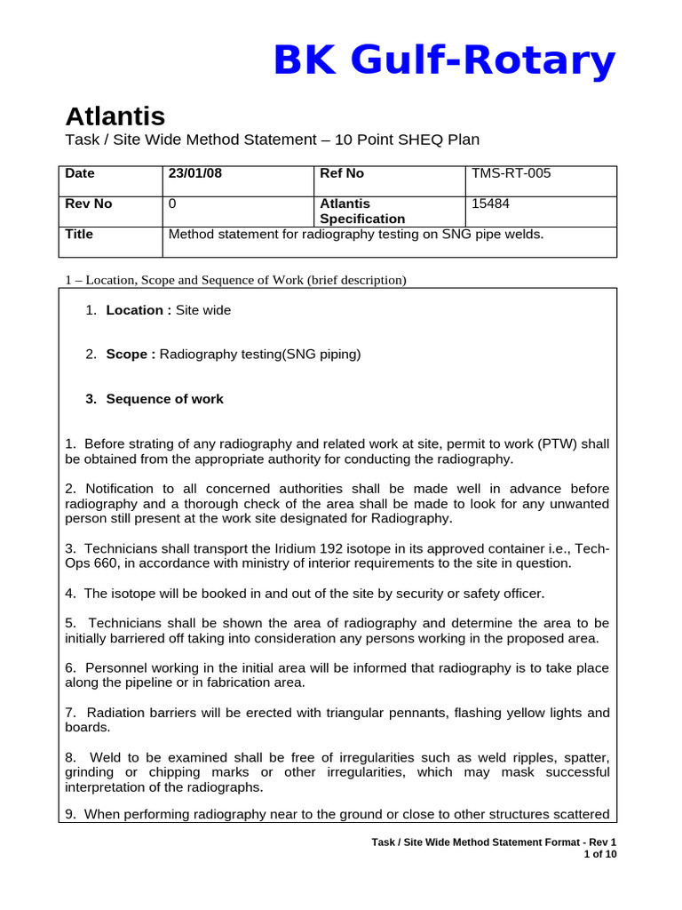 Method Statement Radiography Testing | PDF | Radiography | First Aid