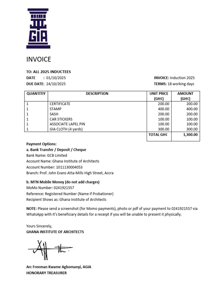 2025 Induction Invoice for Members | PDF
