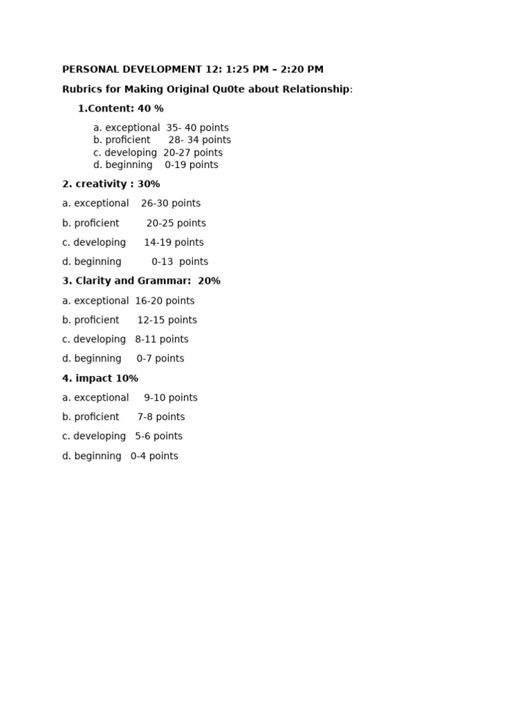 Personal Development 12 Rubrics Quote | PDF