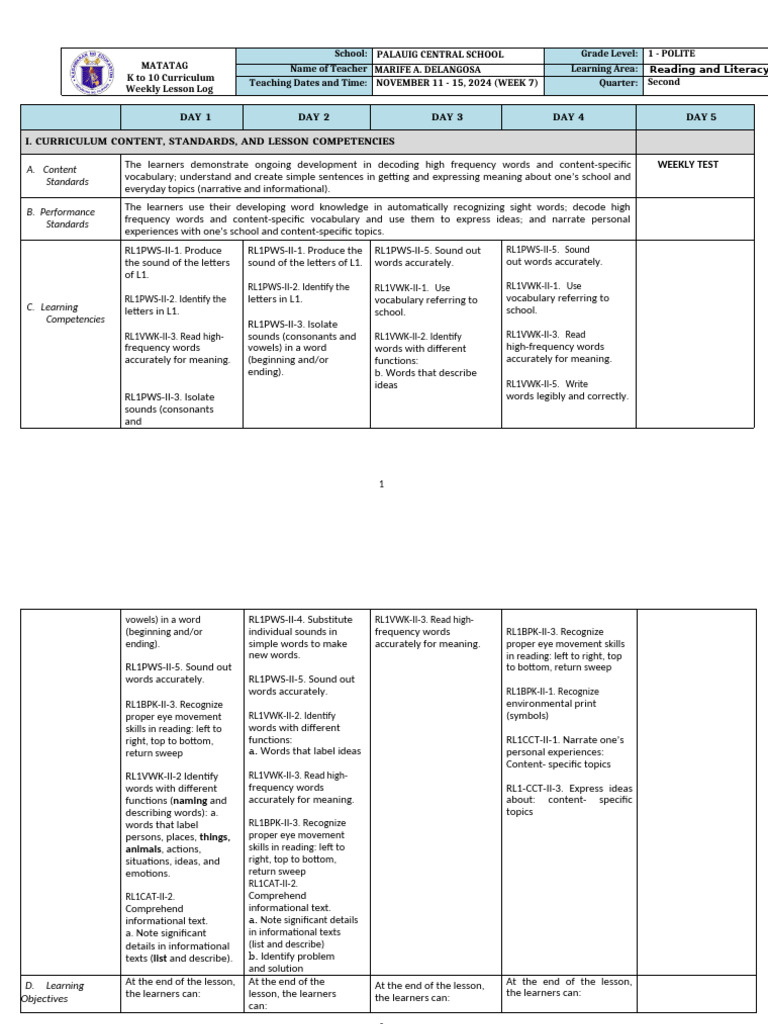 Grade 1 Reading Lesson Plan: Week 7 | PDF | Vocabulary | Linguistics