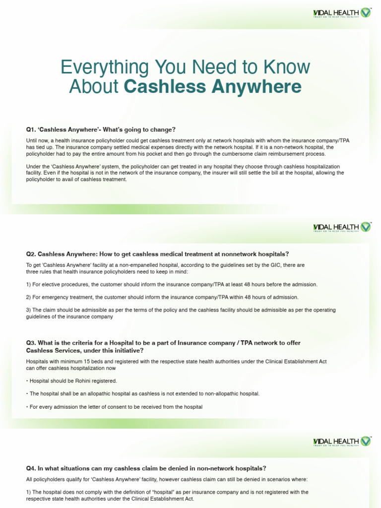 Vidal Cashless Everywhere FAQ V3.7dc54607aceeeb468f26 | PDF | Insurance | Hospital