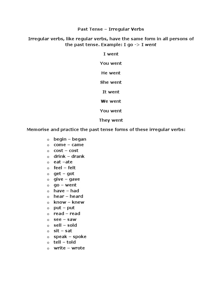 Past Tense - Irregular Verbs | PDF | Verb | Grammatical Tense