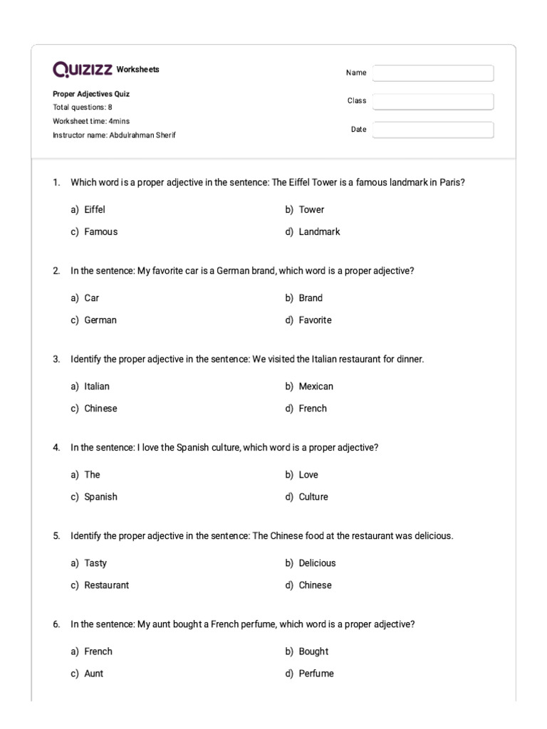 Proper Adjectives Quiz Worksheet | PDF
