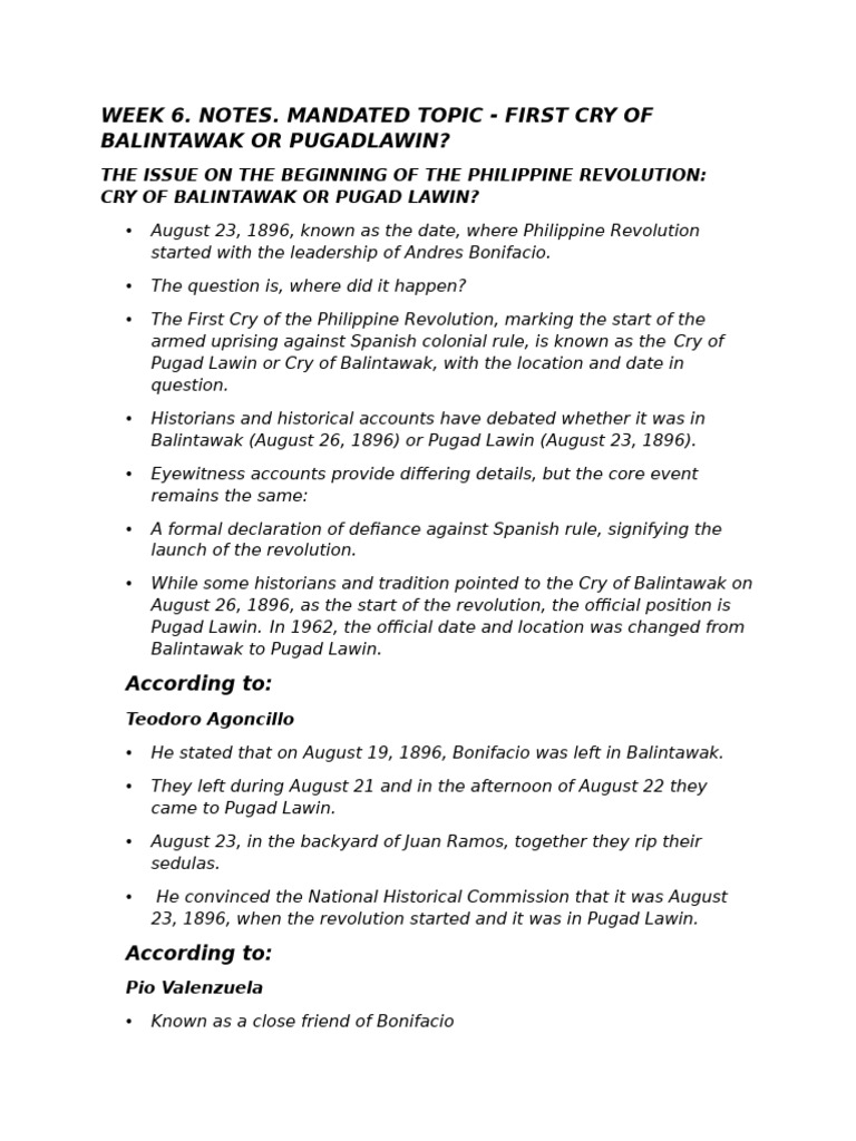 Week 6. Notes Fin First Cry of Revolution Balintawask or Pugad Lawin ...