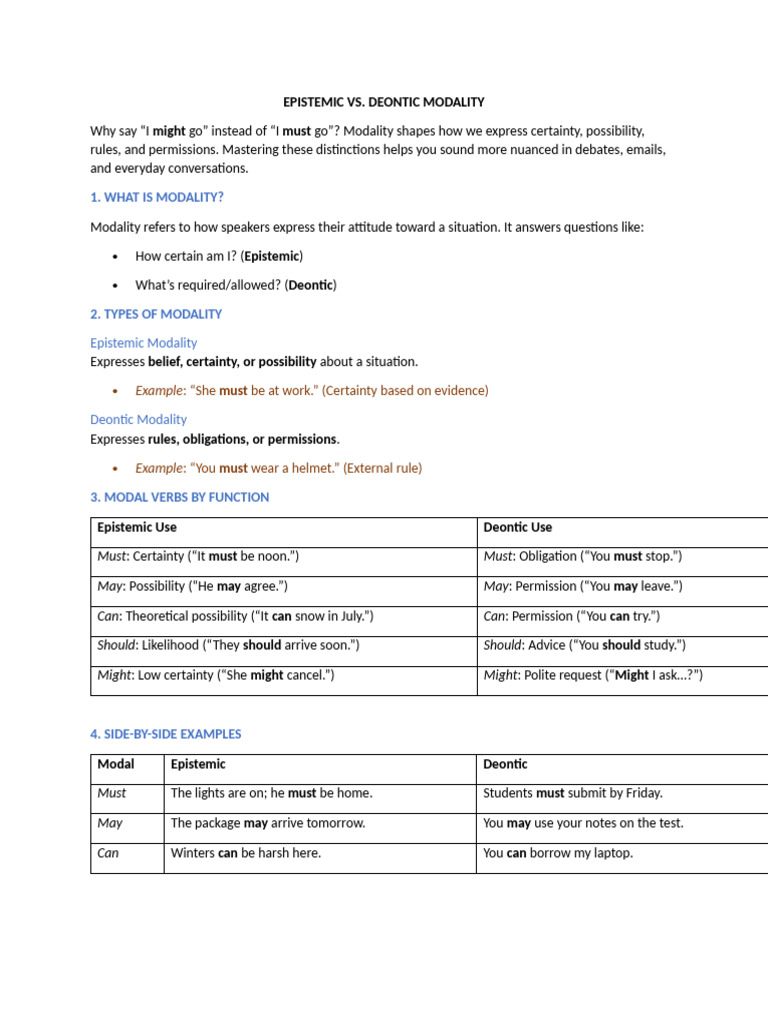 Epistemic vs. Deontic Modality | PDF | Semantics | Syntax