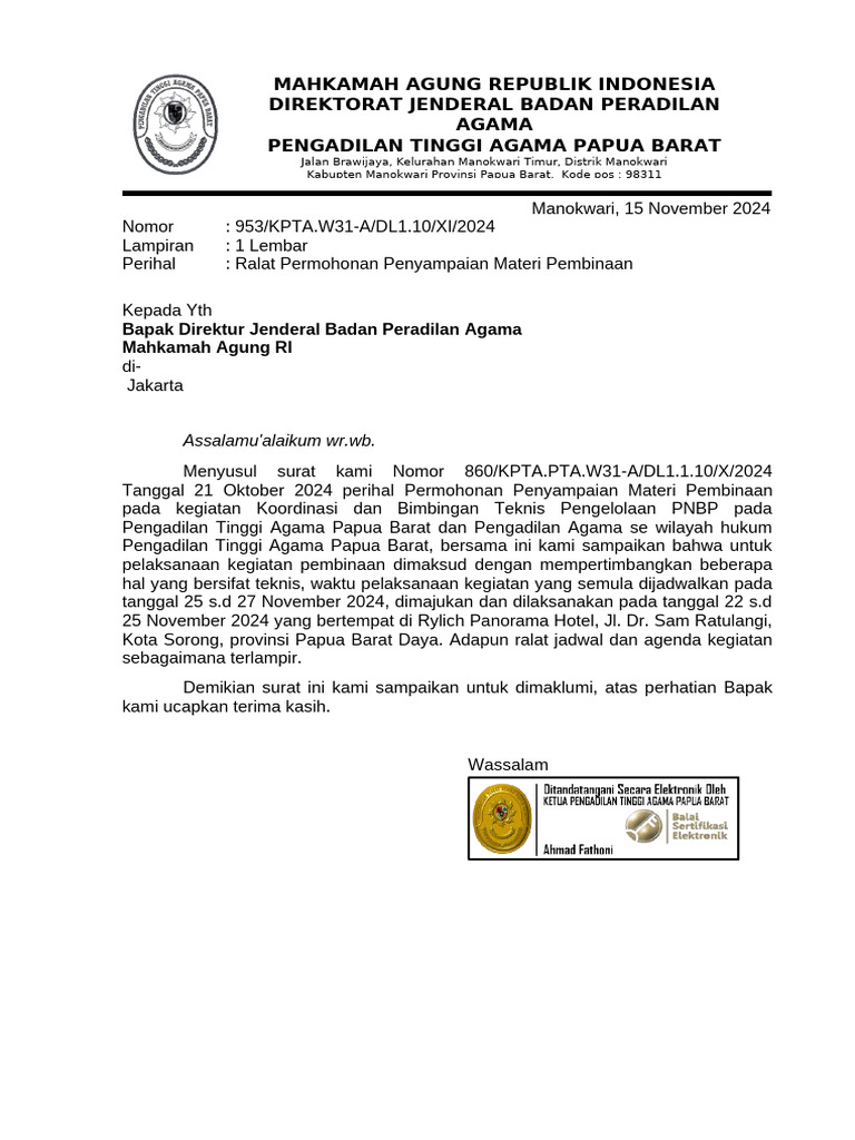 Ralat Jadwal Pembinaan PNBP Papua Barat | PDF