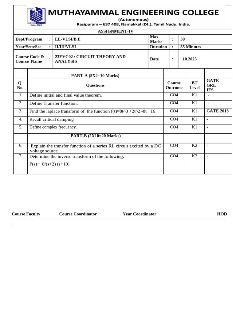 Assignment QP 4 CT - (VLSI) | PDF | Laplace Transform | Mathematical Analysis