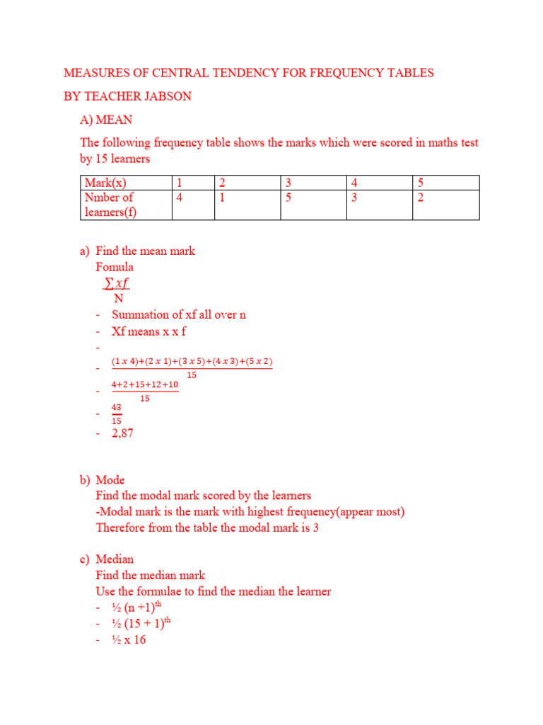 Measures of Central Tendency For Frequency Tables | PDF
