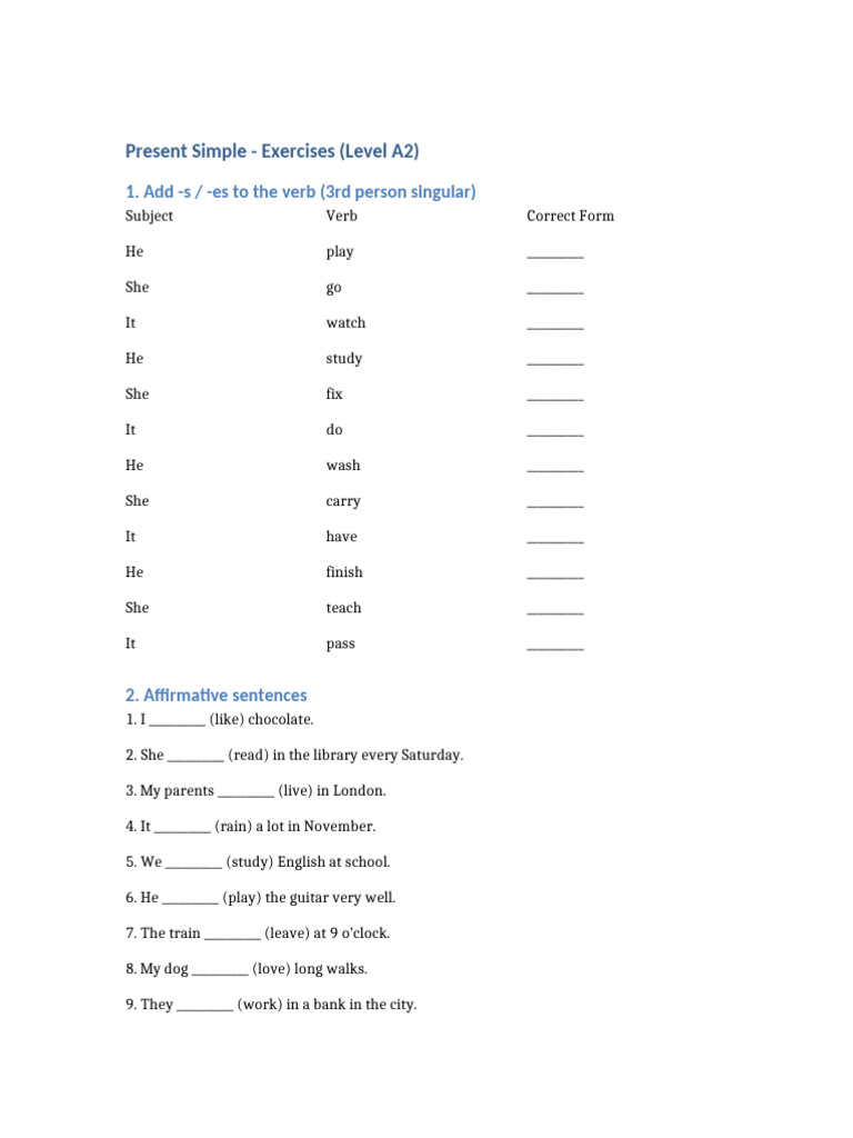 A2 Present Simple Exercises PDF | PDF | English Language | Syntax